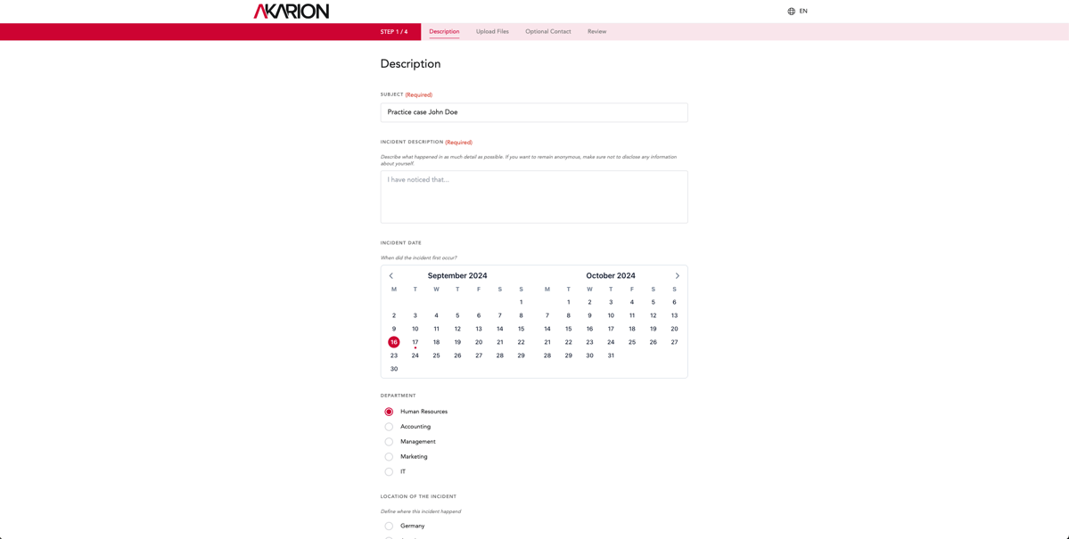 Whistleblowing module | AKARION GRC Cloud